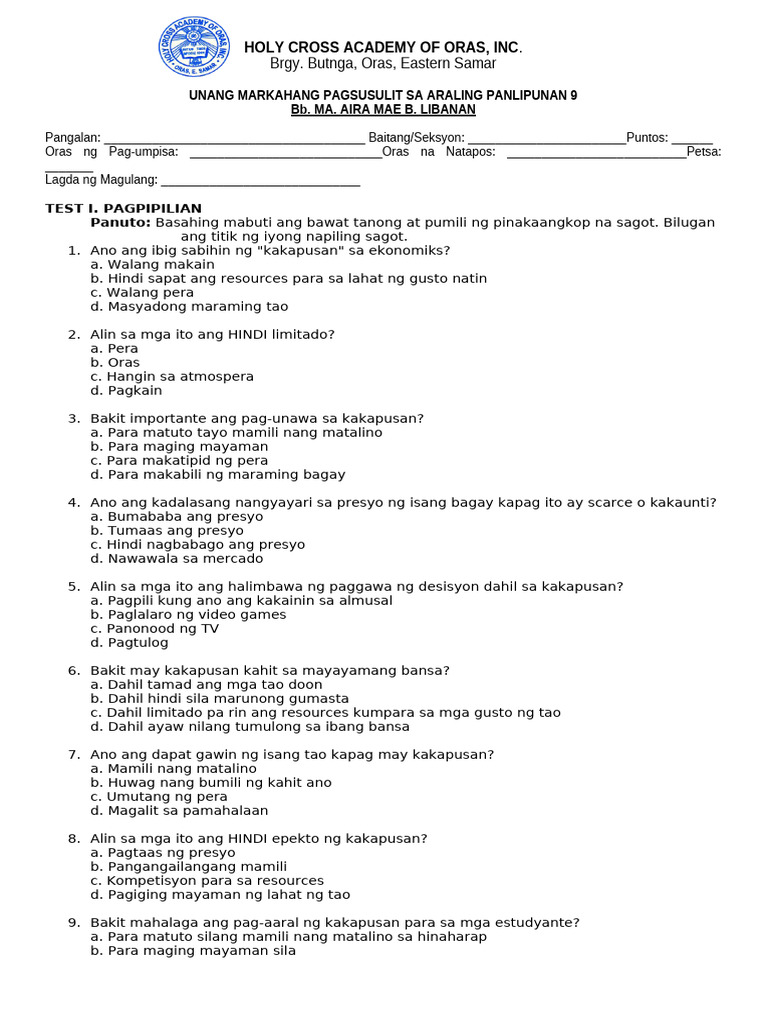 Q1-TQ - 1st QUARTER EXAM AP 9 | PDF