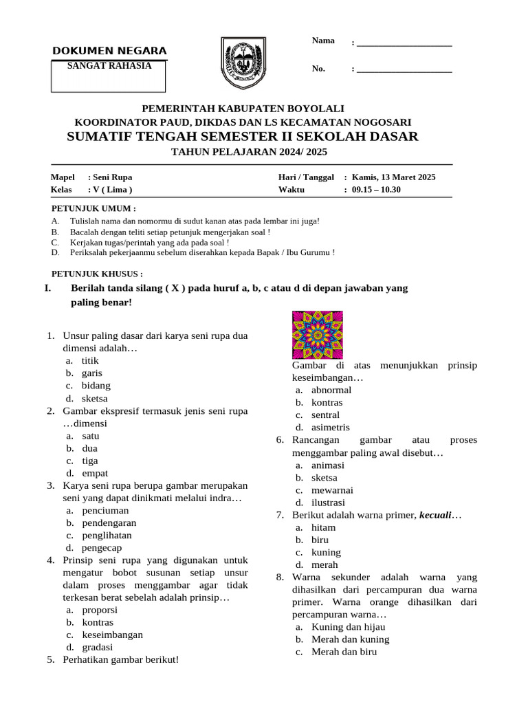 Soal Senirupa Kelas 5 STS Genap Tahun 2024-2025 | PDF