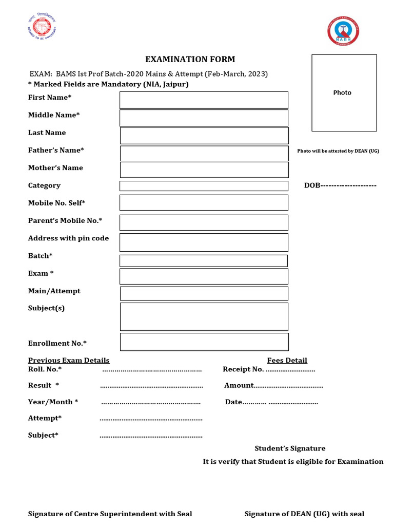 Exam Form of BAMS Ist Prof Attempt Batch 2020 18jan23 | PDF