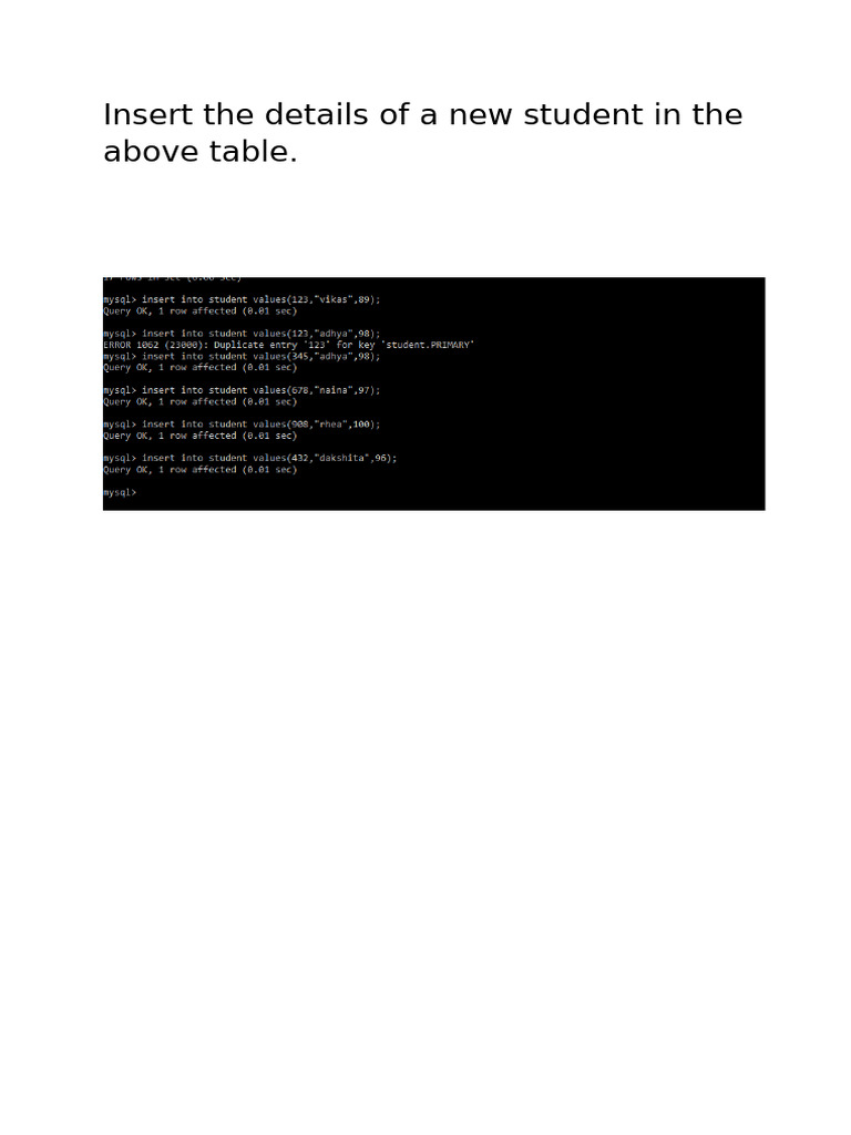 Insert The Details of A New Student in The Above Table | PDF