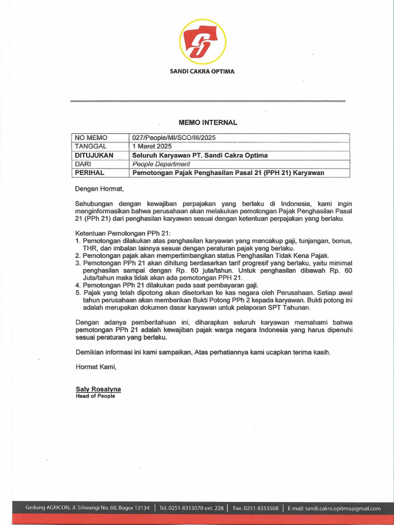 Memo Internal - PPH 21 Karyawan | PDF