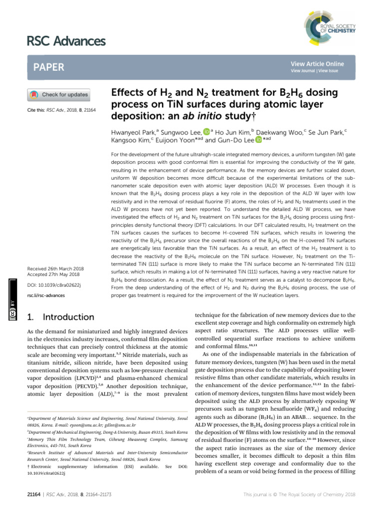 Effects of H2 and N2 Treatment For B2H6 Dosing Process On TiN Surfaces ...