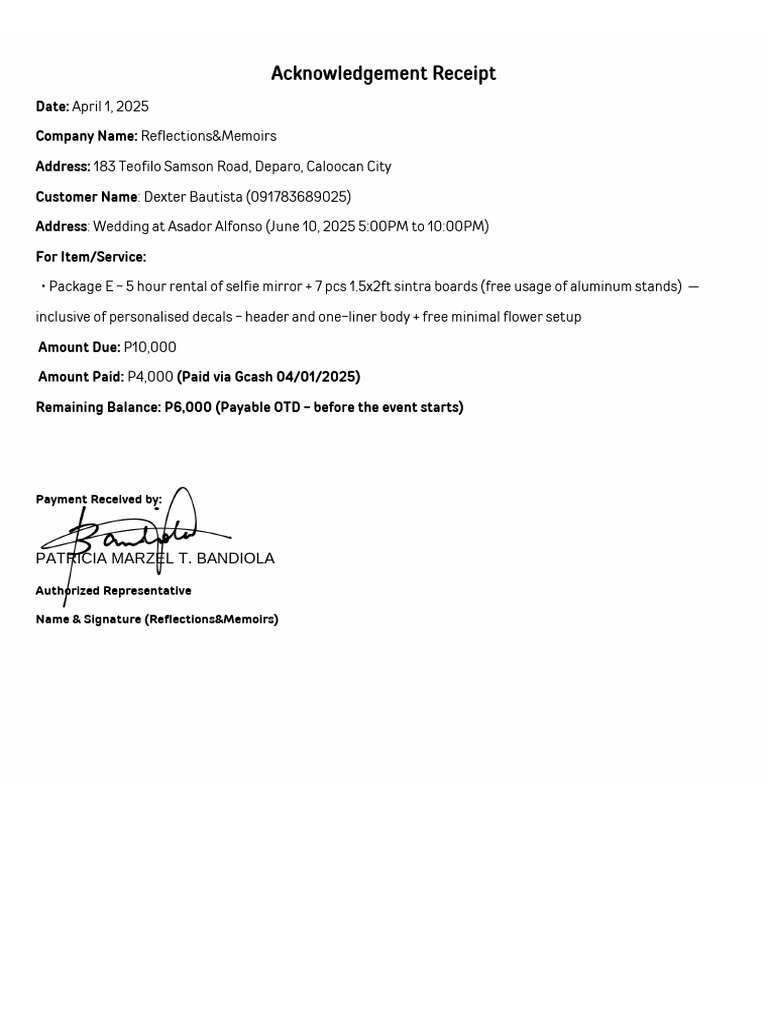 Acknowledgement Receipt - Dexter Bautista (June 10 Event) - 20250401 - 132347 - 0000 | PDF