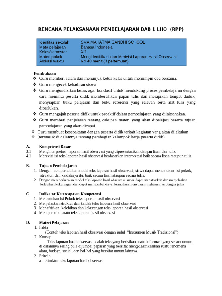 RPP KLS 10 Bab 1 Teks Lho | PDF