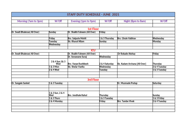 June 2021 Staff Duty Schedule | PDF