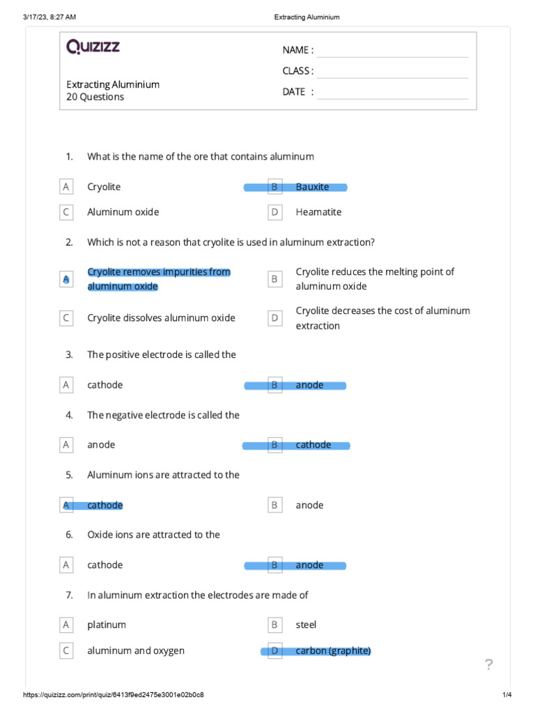 Aluminium Extraction Process Quiz | PDF | Redox | Aluminium