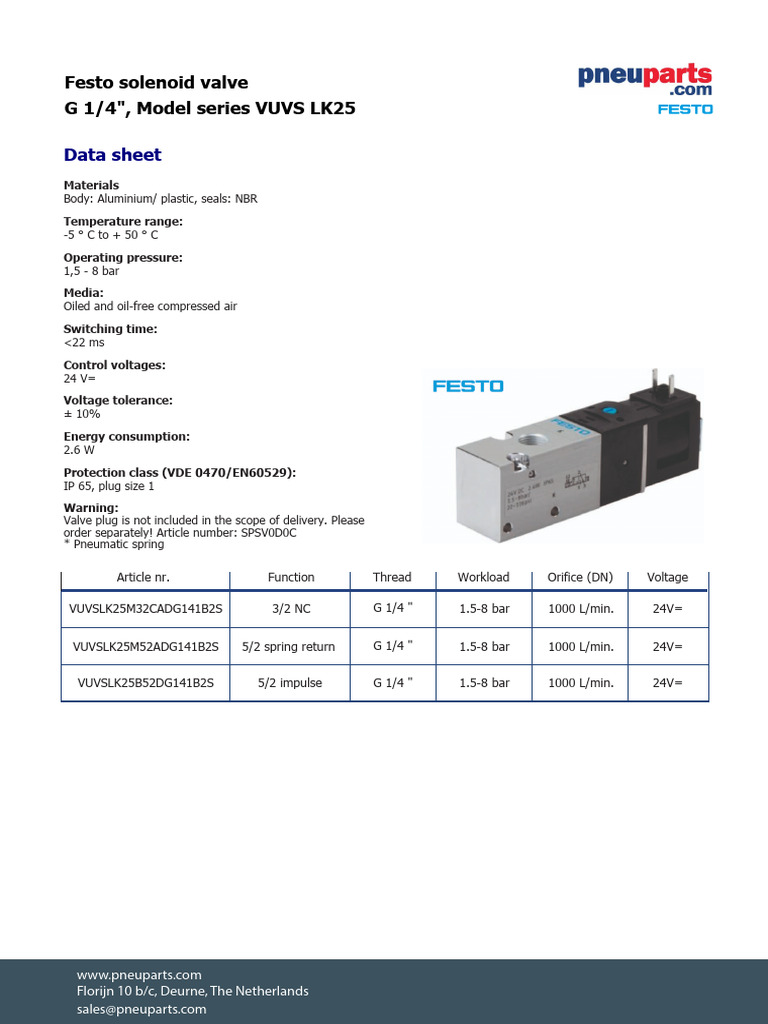 Festo Solenoid Valve G 1-4 LK 25 - Specs | PDF