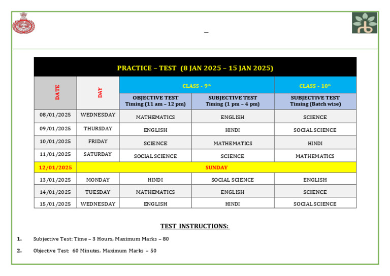 9th & 10th - PRACTICE TEST SCHEDULE | PDF