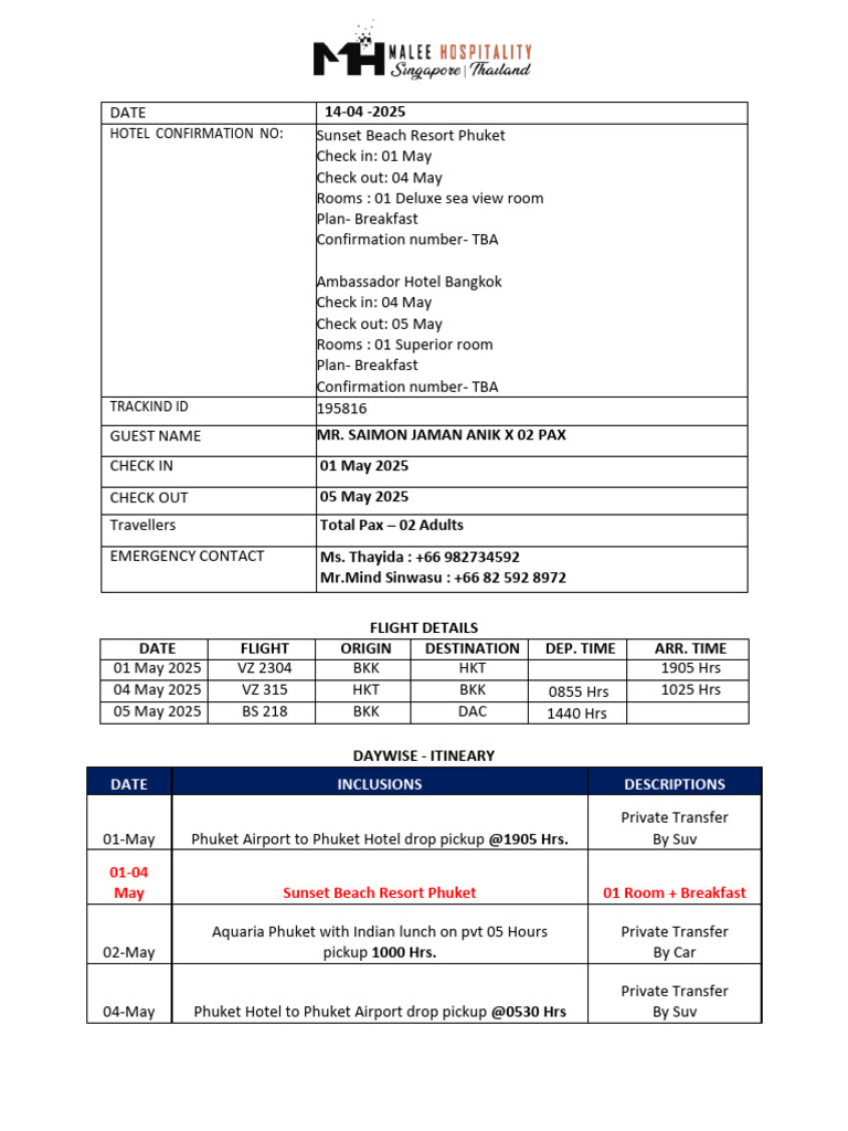 Mr. Saimon Jaman Anik X 02 Pax | PDF | Hotel | Hospitality Industry