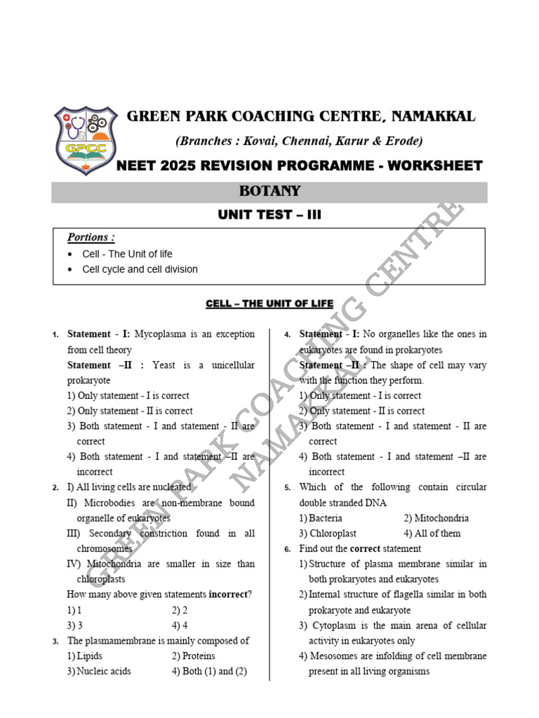 Lt-Worksheet-Unit Test - Iii - (Botany) | PDF | Meiosis | Mitosis
