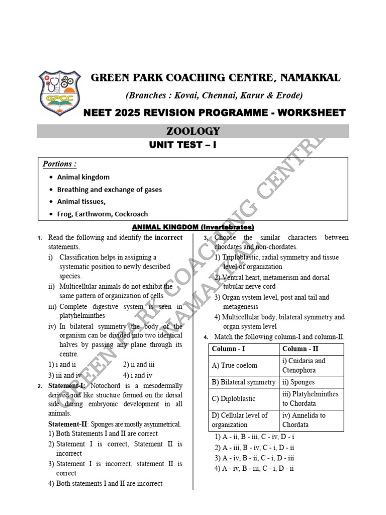 LT-WORKSHEET-UNIT TEST – I-[ZOOLOGY] | PDF | Zoology