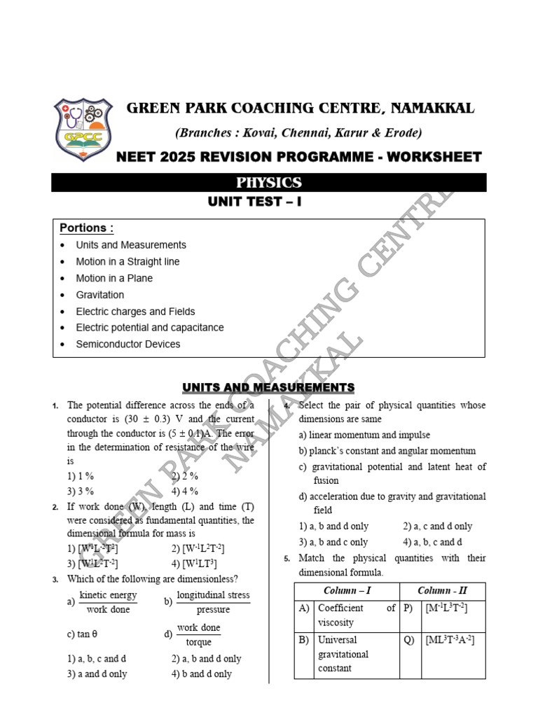 Lt-Worksheet-Unit Test - I - (Physics) | PDF | Acceleration | Velocity