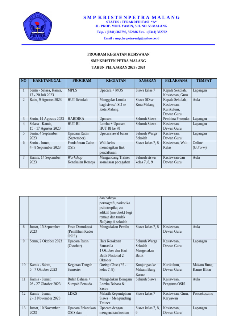 PROGRAM KEGIATAN KESISWAAN 2023-2024. | PDF