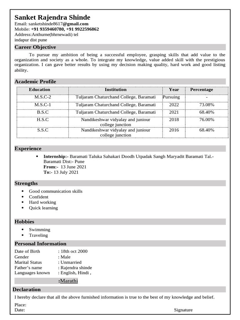Resume Sanket Shinde | PDF