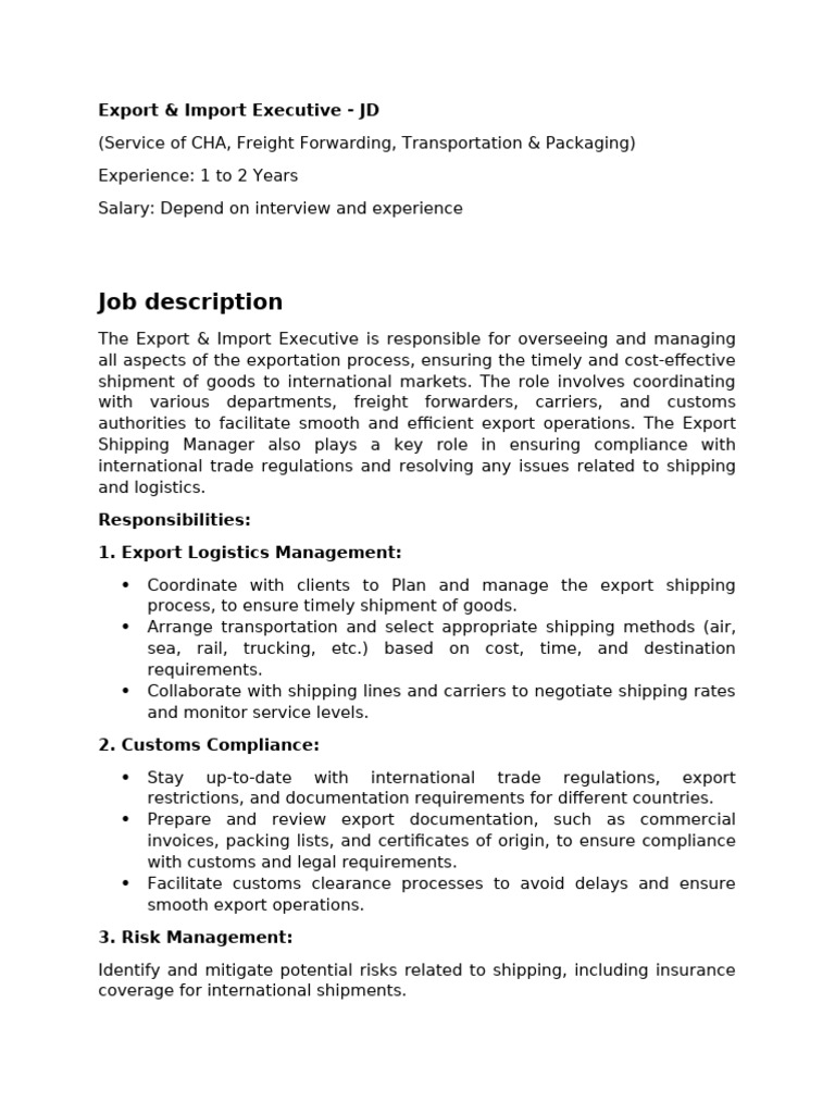 Export & Import Executive Job Description | PDF | Logistics | Customs