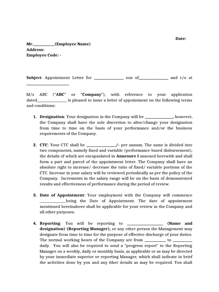 Employee Appointment Letter Template | PDF | Negligence | Employment