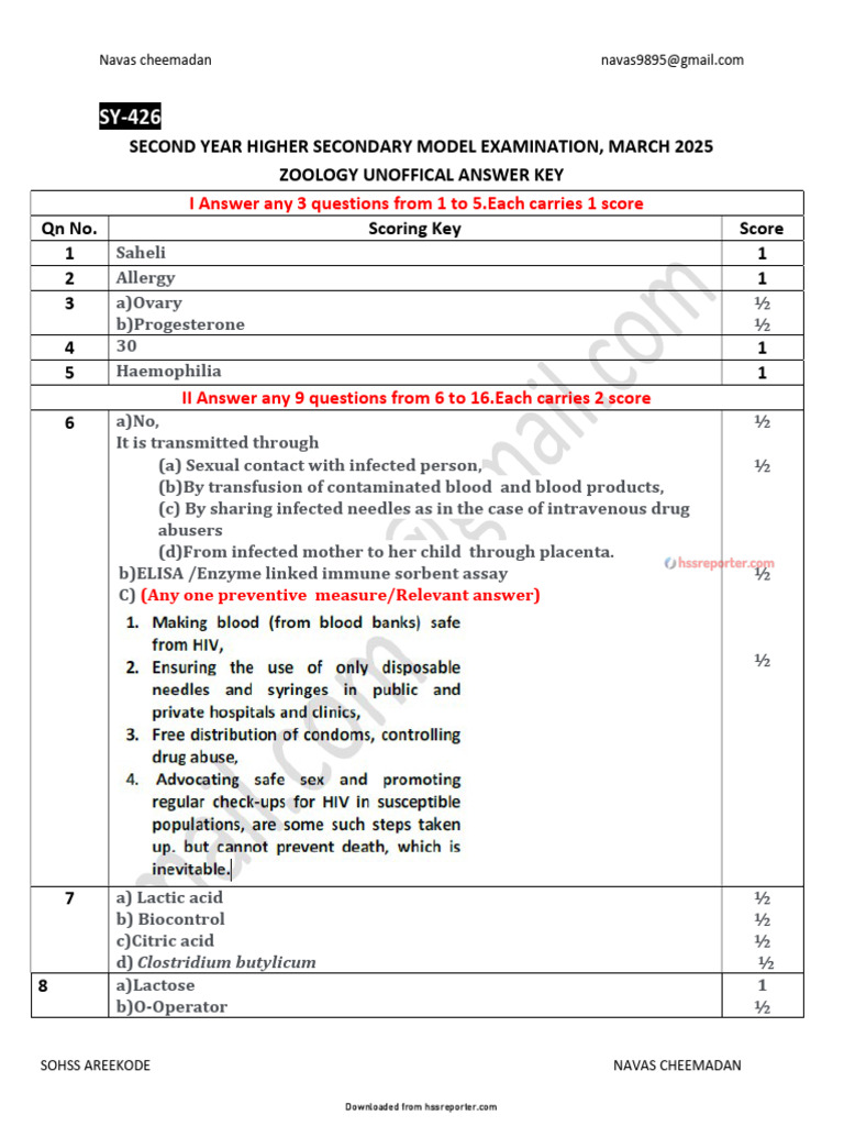 +2 Zoology Answer Key March 2025 - Hssreporter - Com | PDF | Sex | Male