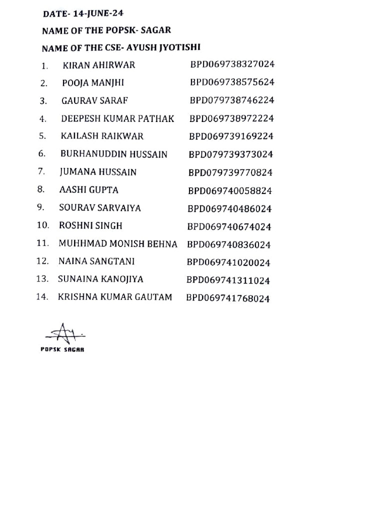 POPSK Sagar CSE Ayush Jyotishi List | PDF