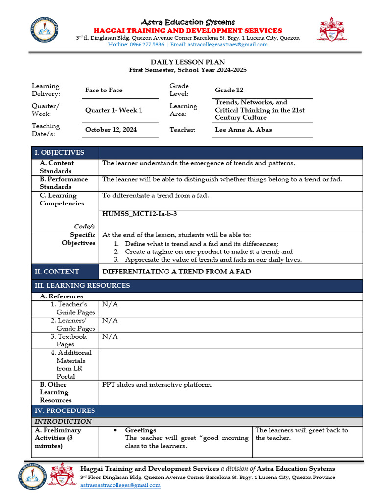 Lesson Plan Lee Anne Abas Final | PDF | Learning | Lesson Plan
