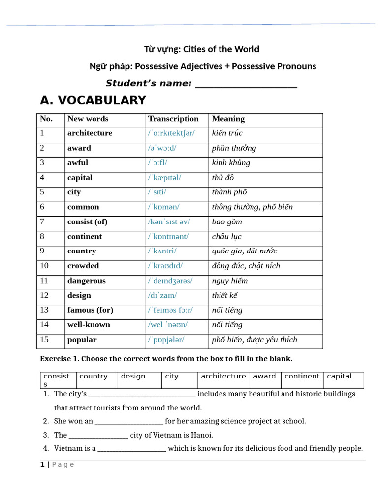 AC - 4N1 - Lesson 1 WS Cities + Possessive | PDF | Hue | Vietnam