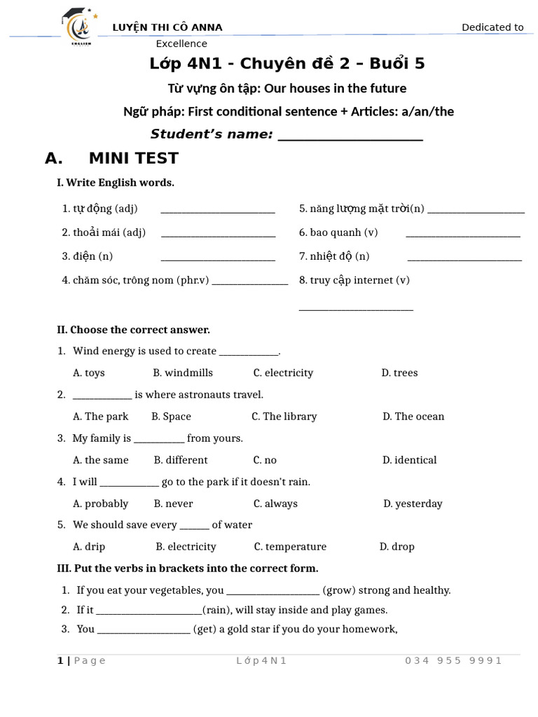 AC - 4N1 - Lesson 5 WS Houses in Future + 1st Conditional + Articles | PDF