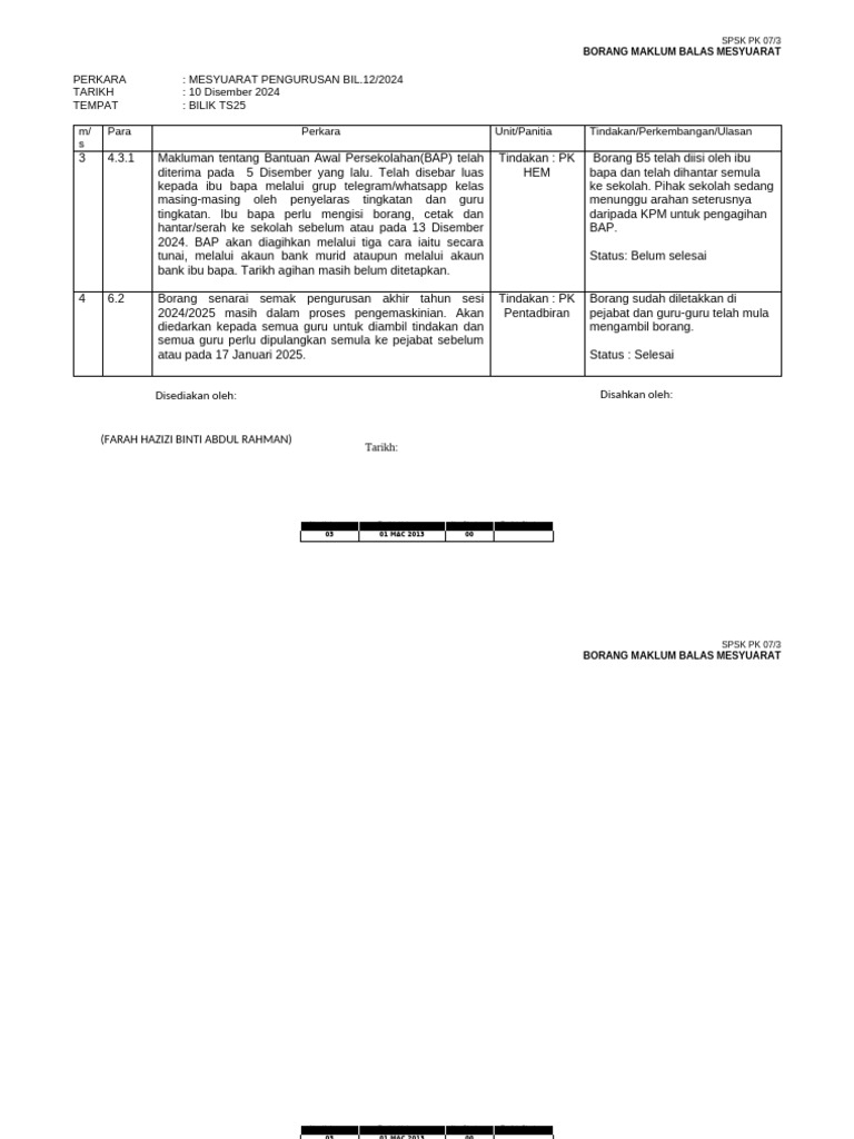 CONTOH Maklum Balas Mesyuarat | PDF