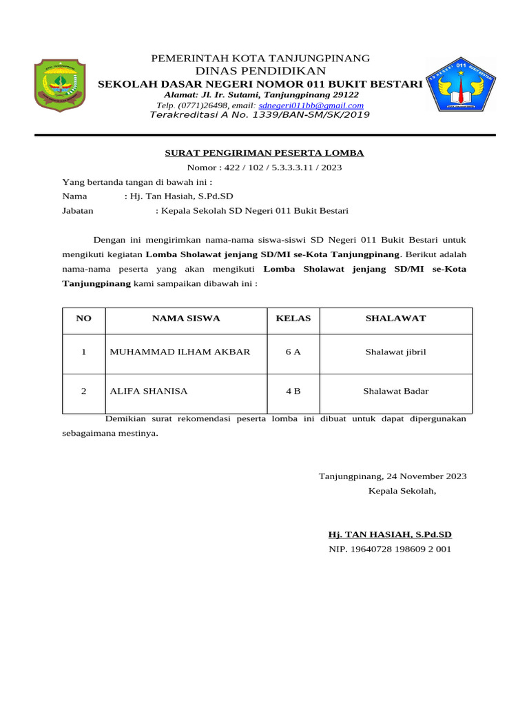 Surat Pengiriman Peserta Lomba | PDF
