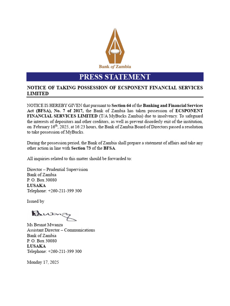 Bank of Zambia Takes Over MyBucks | PDF