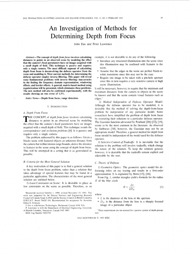 Depth from Focus Methodology Analysis | PDF | Optics | Matrix (Mathematics)