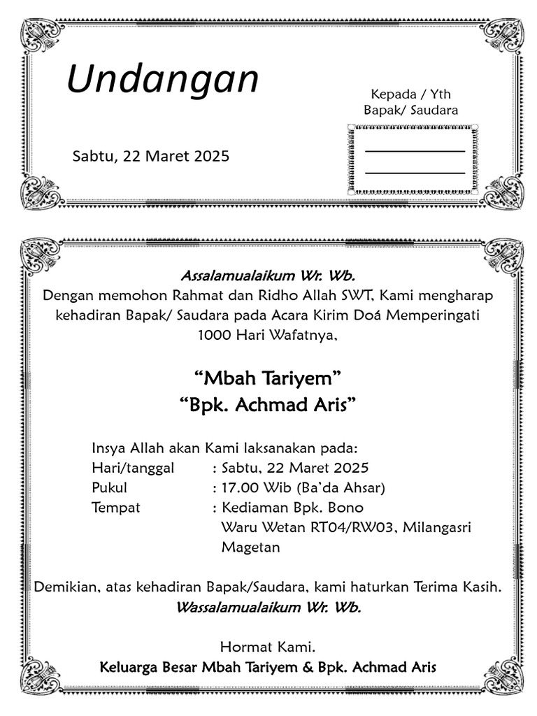 Undangan Kirim Doá Mbah Tariyem | PDF