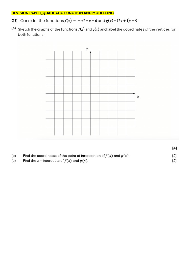Revision Paper - Quadratic Function and Modelling | PDF