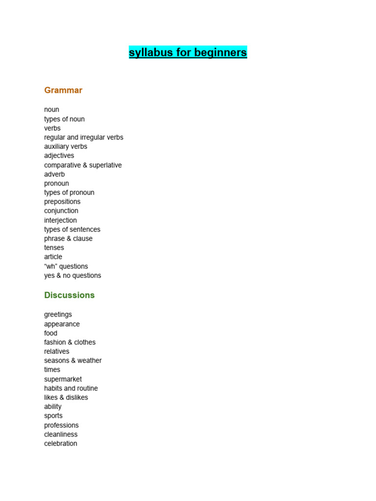 Syllabus For Beginner Module | PDF