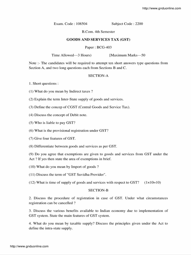 Bcom 4 Sem Goods and Services Tax GST 2200 Jun 2019 | PDF
