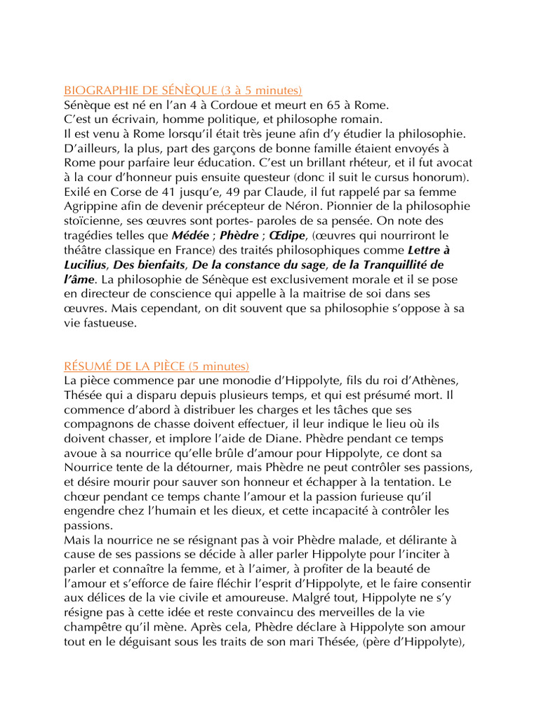 Biographie de Sénèque et analyse de Phèdre | PDF | Jean Racine