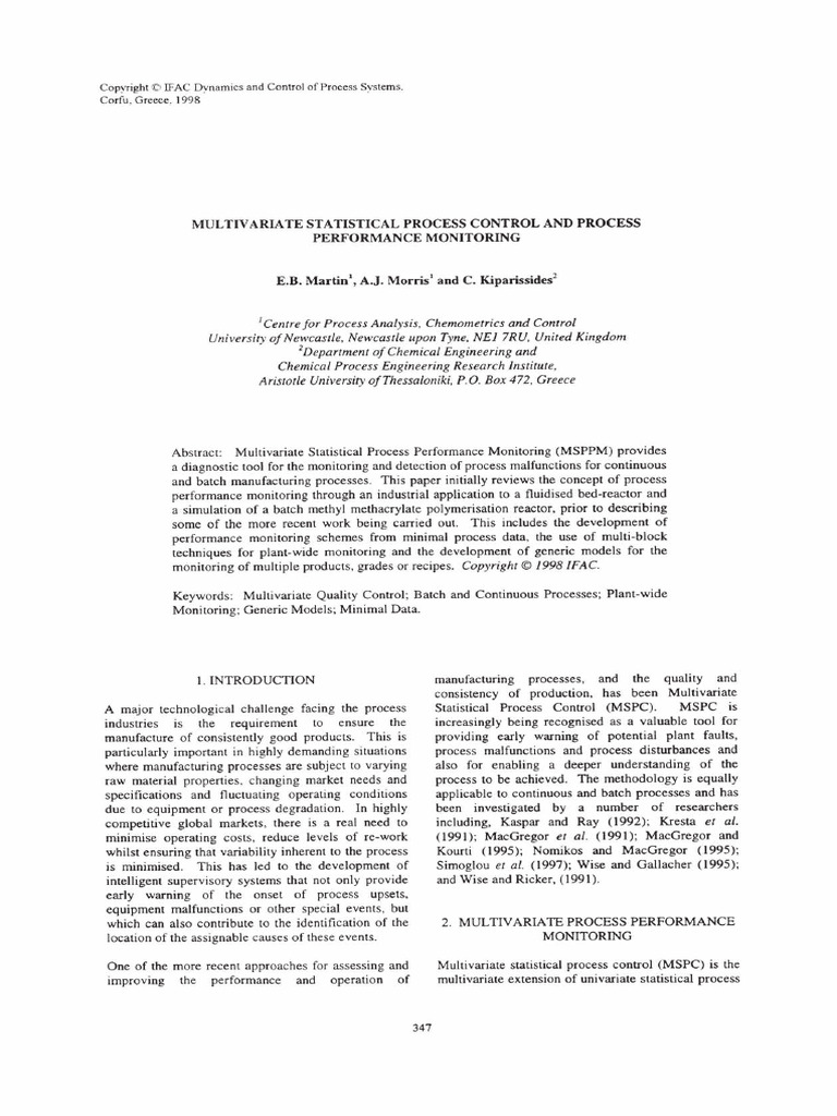 Process Performance Monitoring Using Multivariate Statistical Process Control | PDF | Principal ...