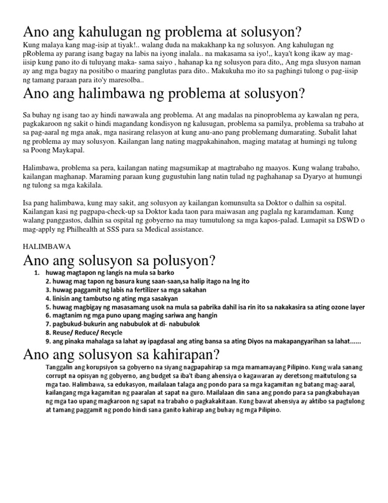 Ano Ang Kahulugan NG Problema at Solusyon | PDF