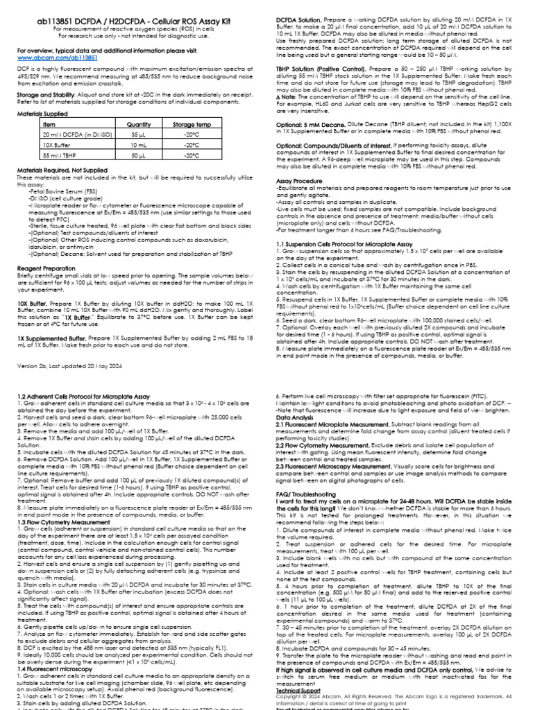 DCFDA-H2DCFDA-Cellular-ROS-assay-protocol-book-v2b-ab113851 (Website) | PDF | Flow Cytometry | Assay