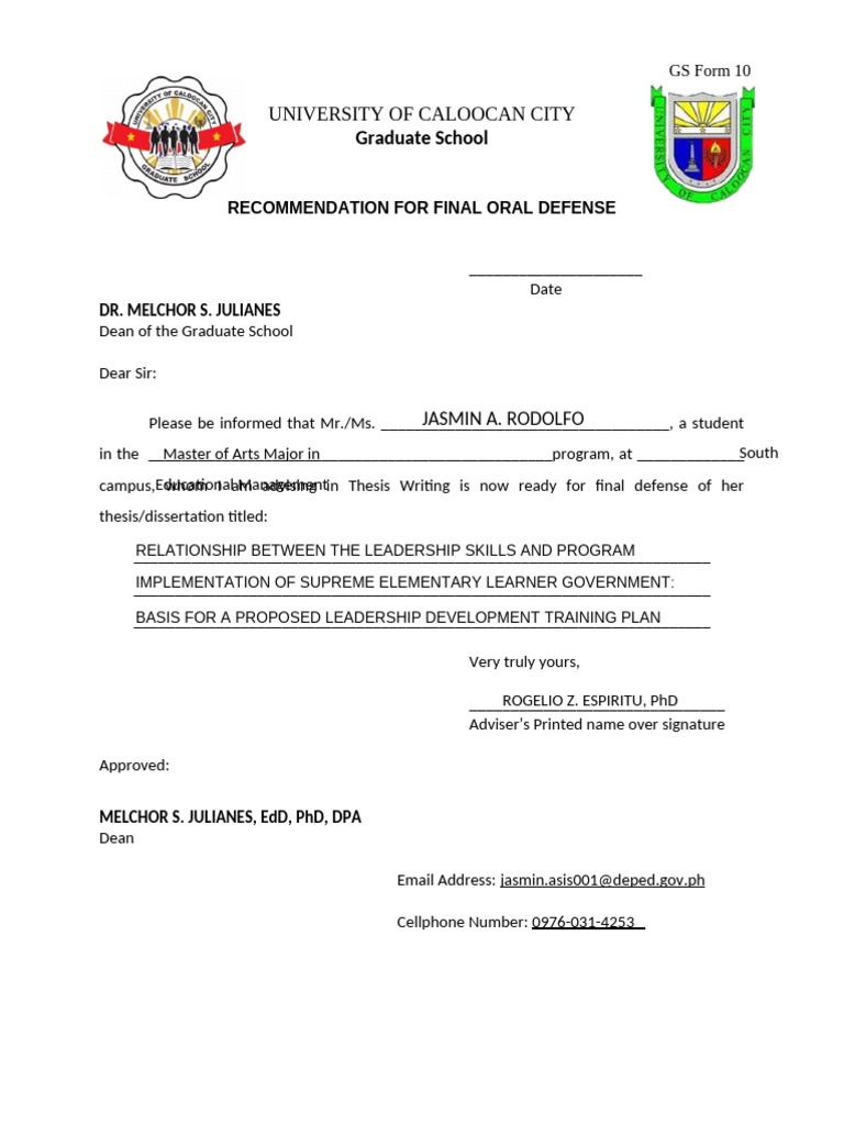 GS Form 10 RECOM For Final Defense FR Adviser | PDF