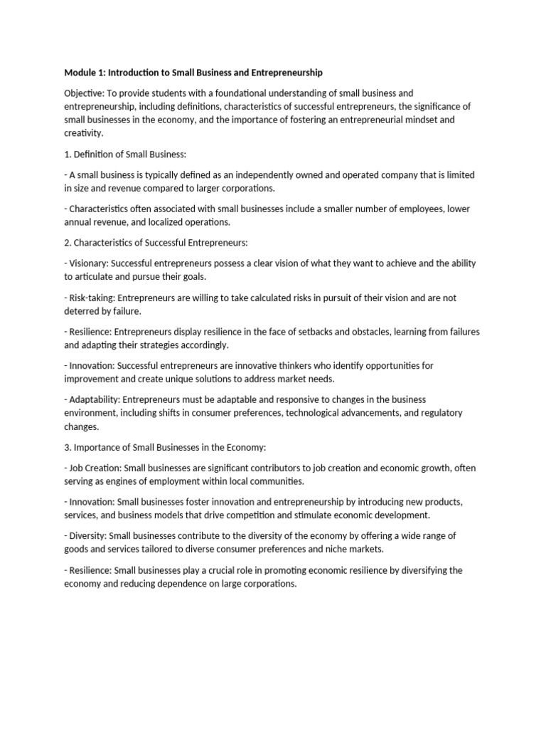 Module 1 Introduction to Small Business and Entrepreneurship | PDF