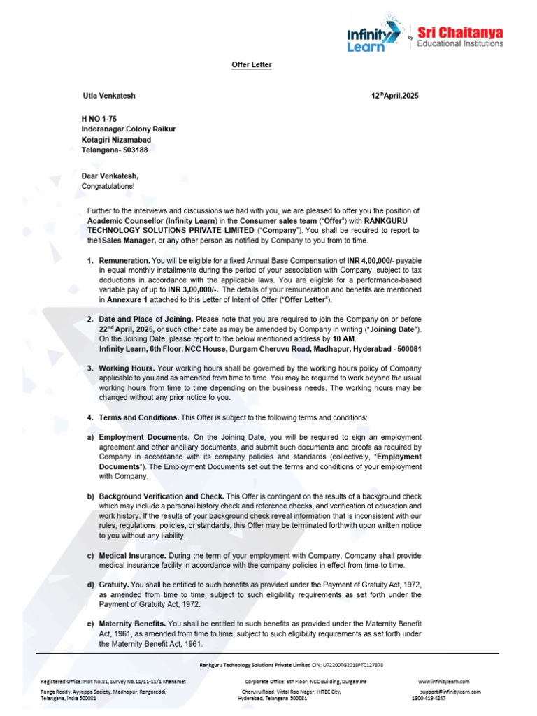 Utla Venkatesh - Offer Letter | PDF | Employment | Justice