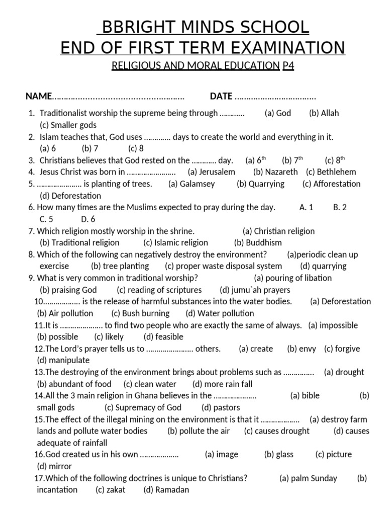 Basic 4 Rme 1ST Term Exam | PDF | Prayer | Abrahamic Religions