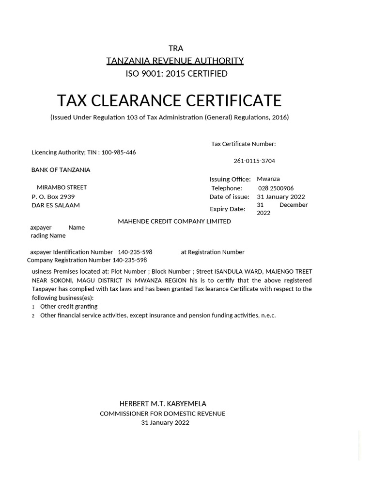 Tax Clearance Certificate - Tanzania | PDF