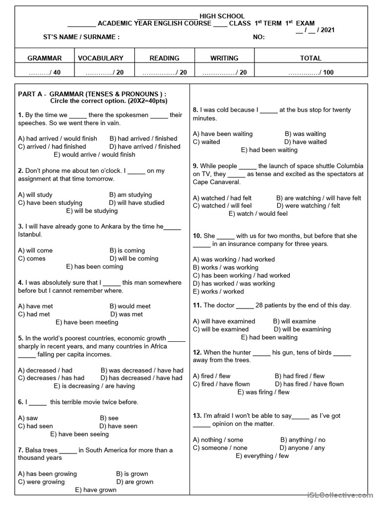 Upper Intermediate Exam (Grammar-Vocabulary-Reading-Writing) | PDF