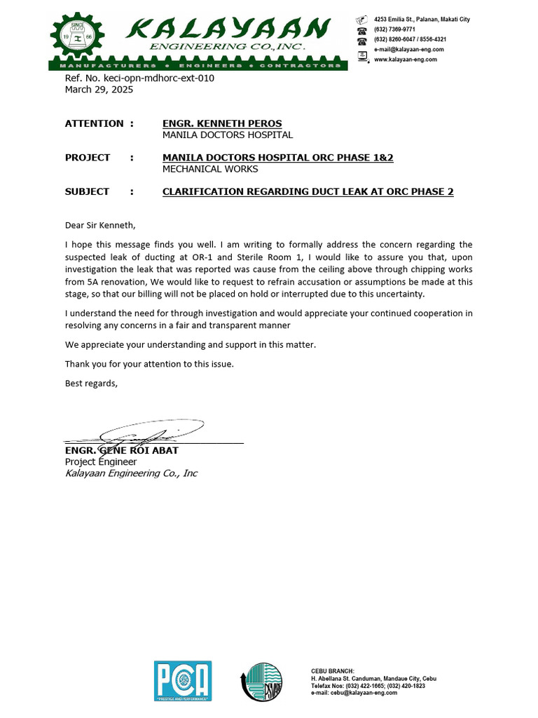 Clarification For Duct Leak at Or-1 and Sterile Room 1 | PDF