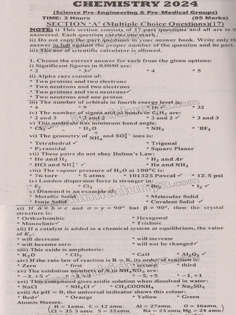 Past Paper 2024 11th Class Karachi Board Chemistry (Pre Engineering and Pre Medical Group ...