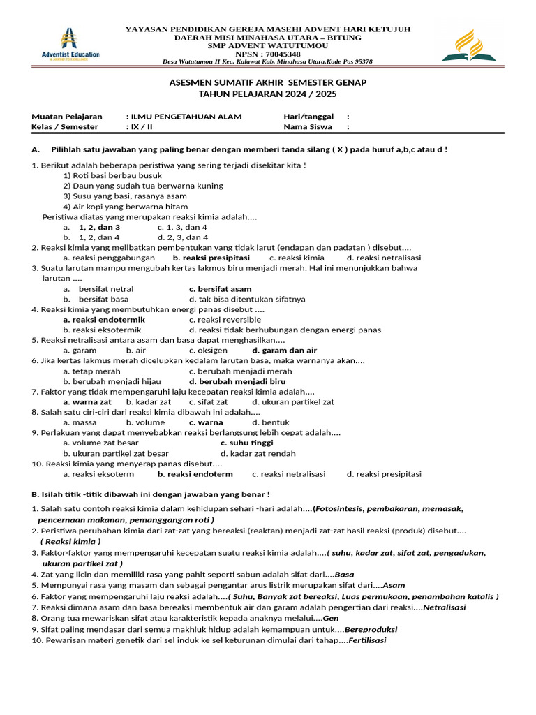 Asesmen Sumatif Akhir Sem. Genap Plus Jawaban Kls IX | PDF