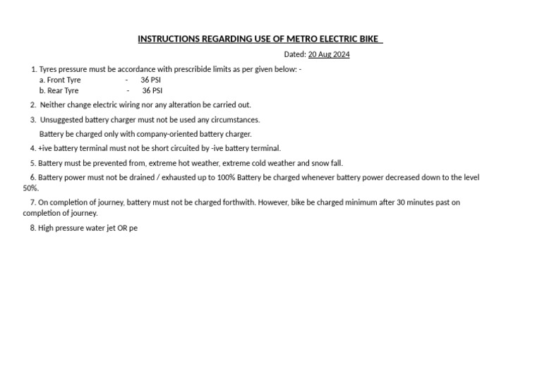 Instructions Regarding Use of Metro Electric Bike 74 | PDF