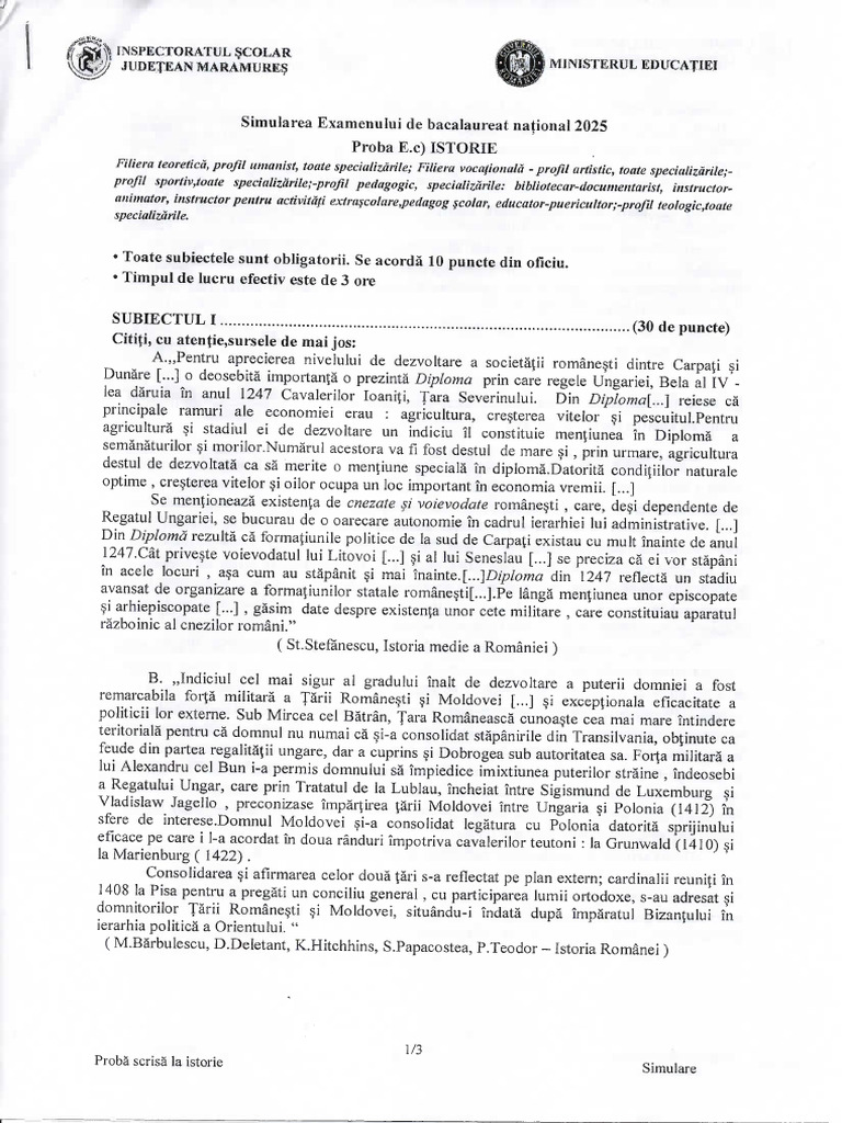 Subiect Simulare Judeteana Istorie Dec 2024 | PDF