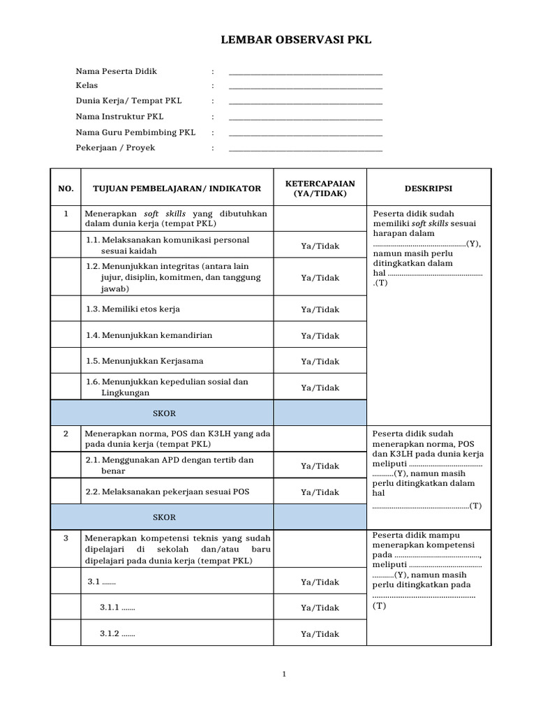 Lembar Observasi PKL 2025 | PDF