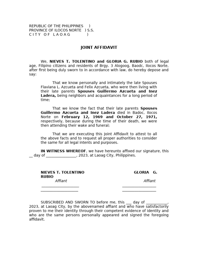 JOINT AFFIDAVIT OF TWO DISINTERESTED PERSONS (New) | PDF | Affidavit ...